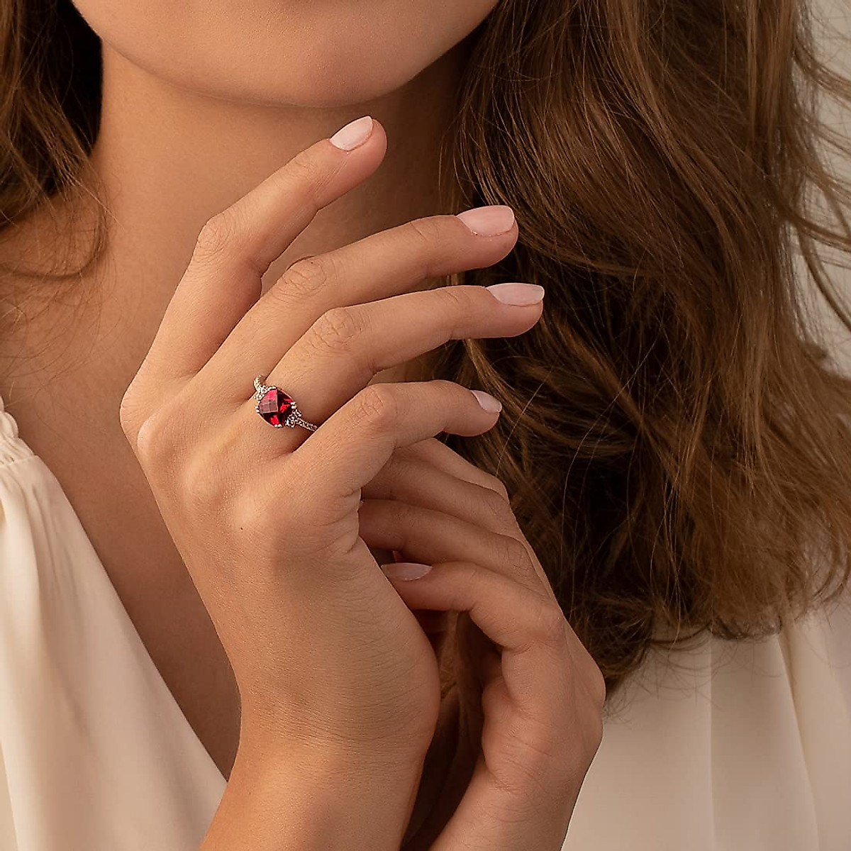 PEORA Created Ruby Ring for Women 14K White Gold with Genuine White Topaz, Designer 3 Carats Cushion Cut 8mm, Comfort Fit, Size 7