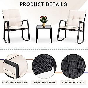 JAMFLY 3-Piece Patio Rocking Bistro Set, Outdoor Wicker Furniture Balcony Porch Chairs Conversation Sets with Glass Coffee Table (Beige)