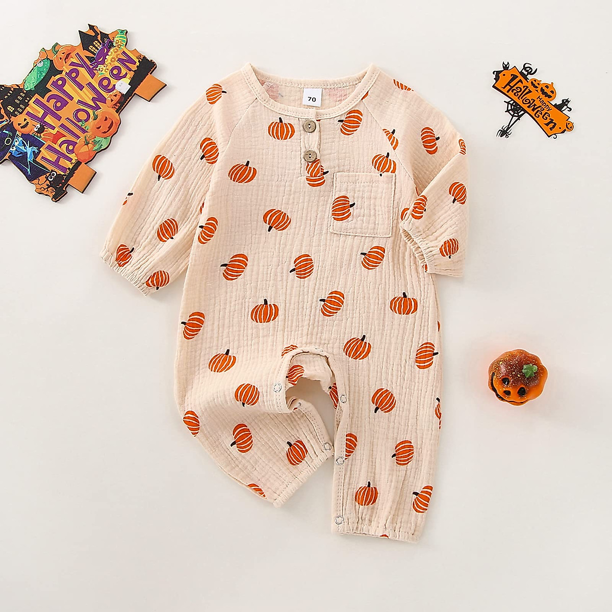 FIOMVA Newborn Baby Girl Boy Halloween Outfit Pumpkin Long Sleeve Romper Onesie Cotton Linen Jumpsuit Fall Winter Clothes (Pumpkin-Beige,0-3 Months)