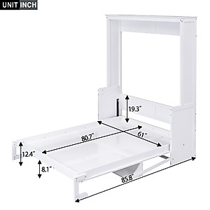 Queen Size Murphy Bed with Storage Shelf, Space-Saving Wooden Wall Bed for Bedroom, No Box Spring Needed, Noise Free (White)
