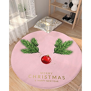 Blush Pink Christmas Fluffy Round Area Rug Carpets 4ft, Plush Shaggy Carpet Soft Circular Rugs, Non-Slip Fuzzy Accent Floor Mat for Living Room Bedroom Nursery Xmas Winter Pine Tree Leaf Green Gold