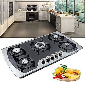 BJTDLLX 34.5" Gas Stove Cooktop, Tempered Glass Built in Gas Stove with 5 Burners Cast Iron Grates Built-in Gas Stove Top LPG/NG Gas Cooktop Thermocouple Protection and Easy to Clean Tempered Glass