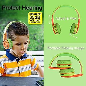Contixo KB-2600 Kids Over Ear Foldable Bluetooth Headphones - Kids Safe 85dB with Volume Limiting - Built-in Microphone - Micro SD Card Slot - FM Stereo Radio - Phone Controls (Green + Orange)