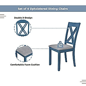 WOZNLA 5-Piece Rustic Round Dining Set-Minimalist Wood Kitchen Table with 4 Comfortable X-Back Padded Chairs-Ideal for Cozy Gatherings, Blue