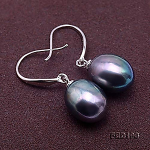Womens Pearl Sterling Silver Dangle Earrings AAA Quality 9x11.5mm Oval Black Freshwater Pearl Fishhook Earrings