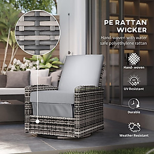 Outsunny Outdoor Wicker Swivel Recliner Chair, Reclining Backrest, Lifting Footrest, 360° Rotating Basic, Water Resistant Cushions for Patio, Grey
