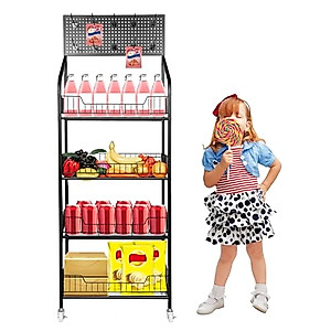 4-Tier Display Snack Rack,22.1lbs Load Metal Storage Shelf with Wheels & Hooks,10.2In Adjustable Tier Spacing Freestanding Snack Shelf Organizer for Pantry Kitchen Home Theater