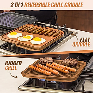 Gotham Steel Reversible Grill Pan and Griddle Pan for Stove Top with 3x Coated Surface Perfect for Eggs Pancakes Steaks and More, Stove Top Griddle for Gas Grill, Oven Safe, PFOA Free - 11.5 Inch