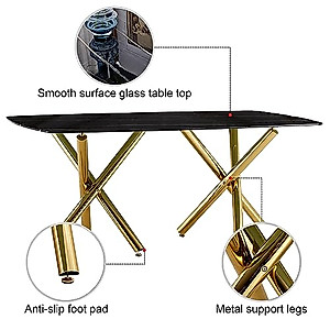 71’’ Modern Glass Dining Table for 8, Large Rectangular Dining Room Table with Golden Metal Legs, Minimalist Kitchen Table for Restaurant, Meeting Room, Imitation Marble Black Desktop