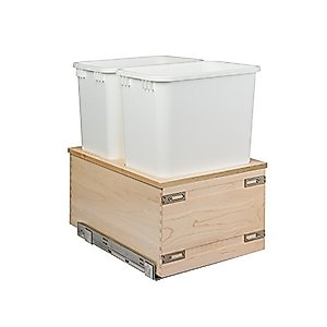 Century Components CASBM14PF Kitchen Pull Out Waste Bin Container - 34 Qt White Double - Baltic Birch - Blum Soft-Close 170 lb. MOVENTO 769 Slides, 14-7/8"