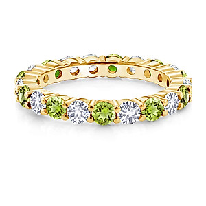 Gem Stone King 1.20 Ct Round Green Peridot and White Created Sapphire 18K Yellow Gold Plated Silver Eternity Band Ring (Size 5)