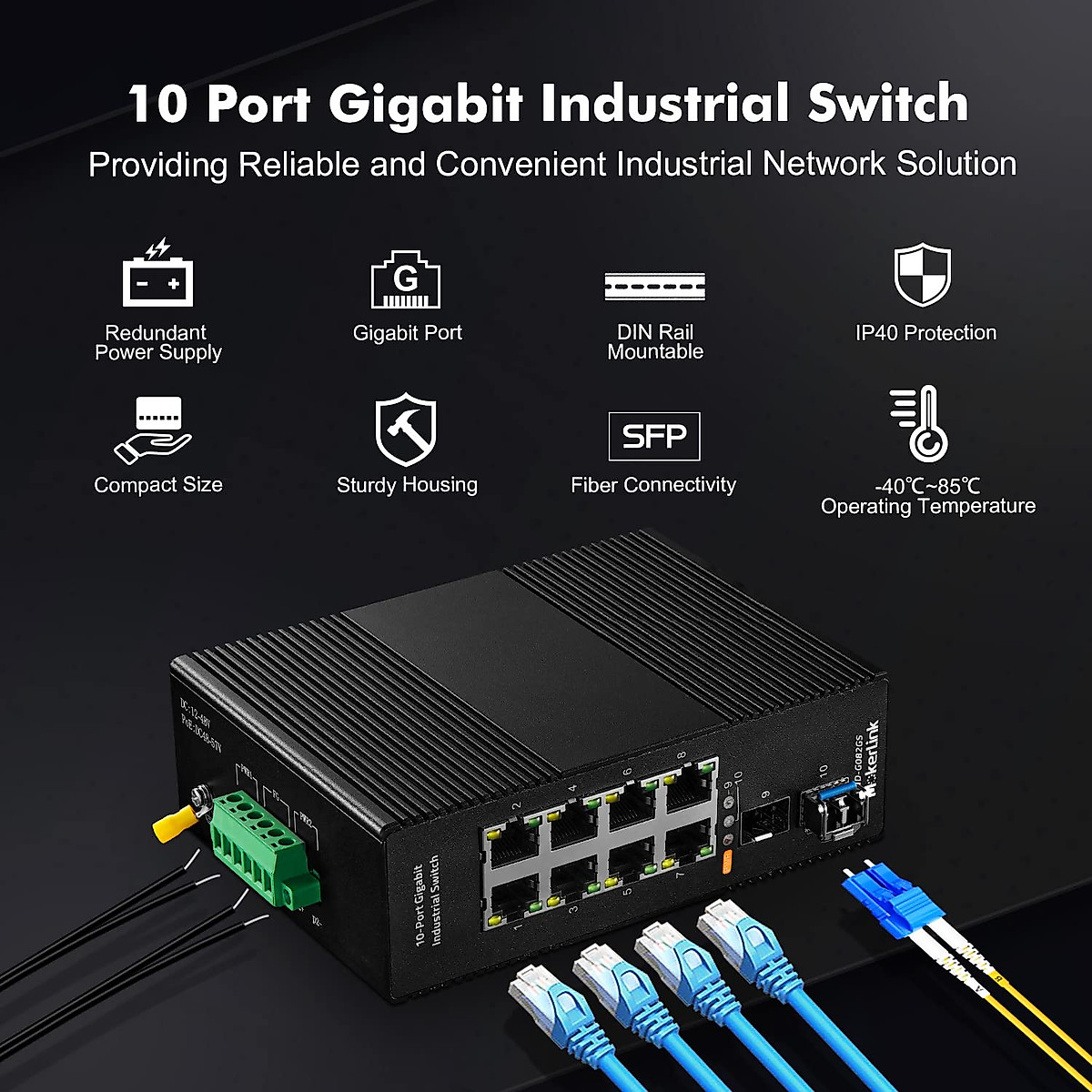 MokerLink 8 Port Gigabit Industrial DIN-Rail Ethernet Switch, 2 SFP Ports with 1 LC 20KM Module(SMF), IP40 Rated Unmanaged Network Switch (-40 to 185°F), with UL Power Supply