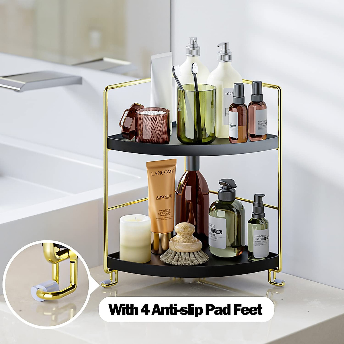 KINGBERWI 2-Tier Bathroom Corner Counter Organizer, Makeup Storage Shelf Vanity Tray, Bathroom Sink Countertop Organizer, Black