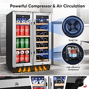 Tylza Upgraded Wine and Beverage Refrigerator 24 Inch, Dual Zone Wine Beverage Cooler with French Door, Under Counter Wine Beer Fridge Built-In or Freestanding, Holds 20 Bottles and 88 Cans TYBC120-3