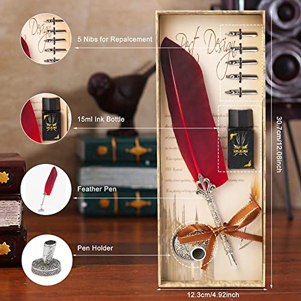 VABNEER Feather Quill Pen Retro Feather Pen Premium Metal Nibbed Pen Writing Quill Fit for Self-use,executive Gift and Antique Desk Decor (Bright Red)