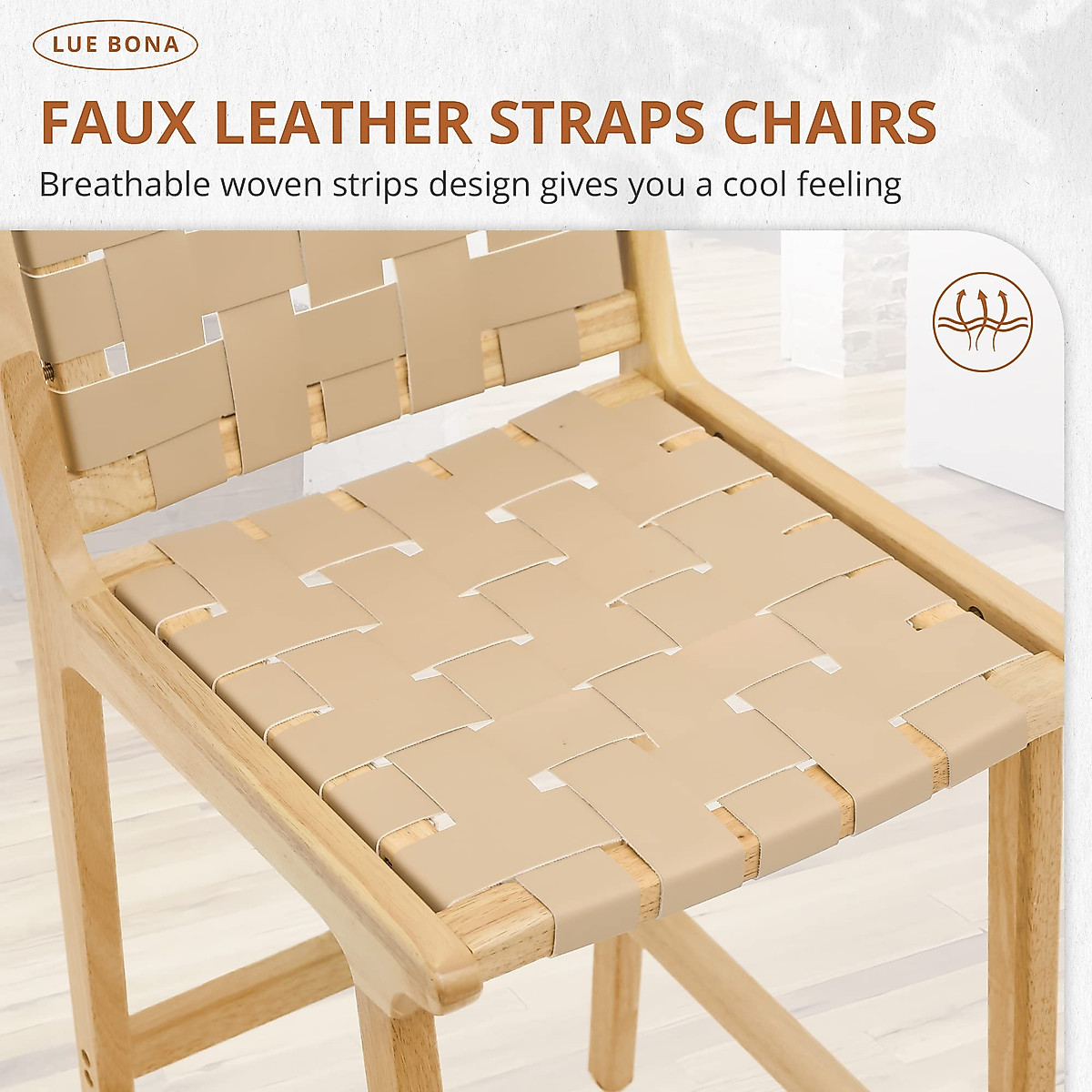 LUE BONA Counter Height Bar Stools 24inch, Set of 4 Faux Leather Woven Counter Stool with Backs, Woven Strips Rattan Barstools with Wood Legs for Home Kitchen, Deep Beige