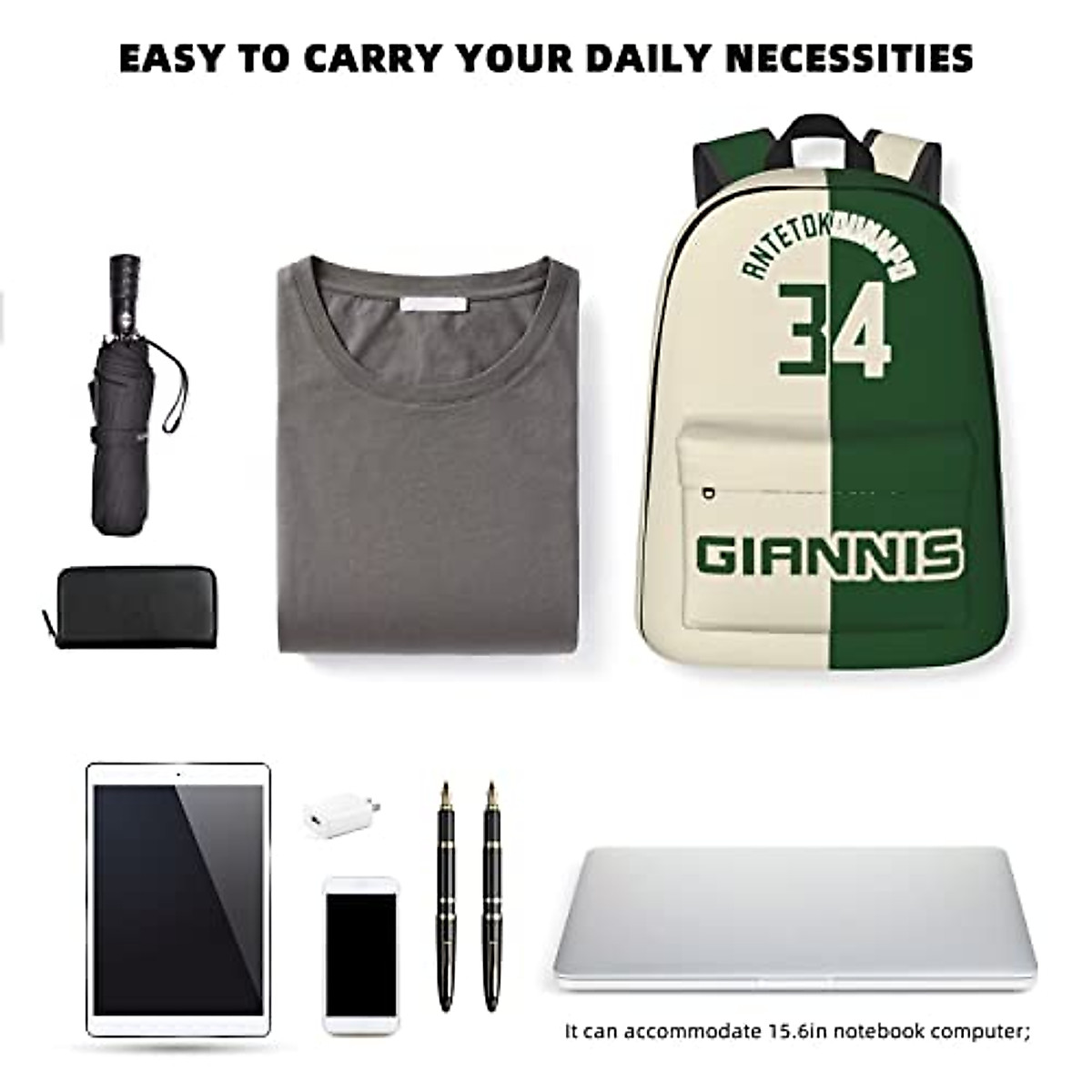VIHIRA Milwaukee-Giannis-Antetokounmpo#34 Basketball Backpack School Bag Adjustable Large Capacity Leisure Book Bag Unisex