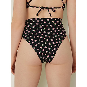 Victoria's Secret Pink V Crossover High Waisted Bikini Bottom, Swimsuit for Women, Moderate Coverage Bathing Suit Bottoms for Women, Pure Black Floral (S)