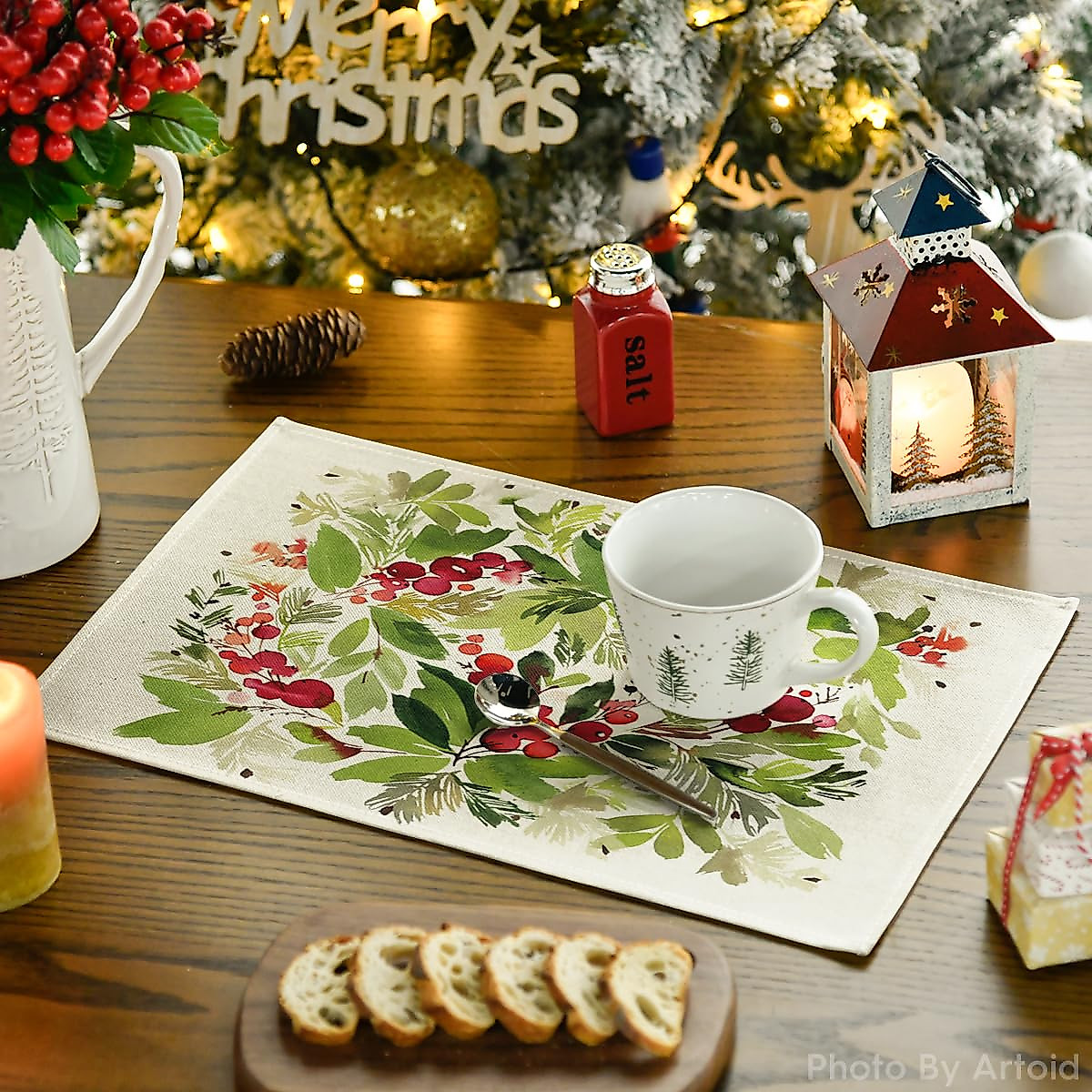 Artoid Mode Watercolor Holly Christmas Placemats Set of 6, 12x18 Inch Seasonal Winter Xmas Holiday Table Mats for Party Kitchen Dining Decoration