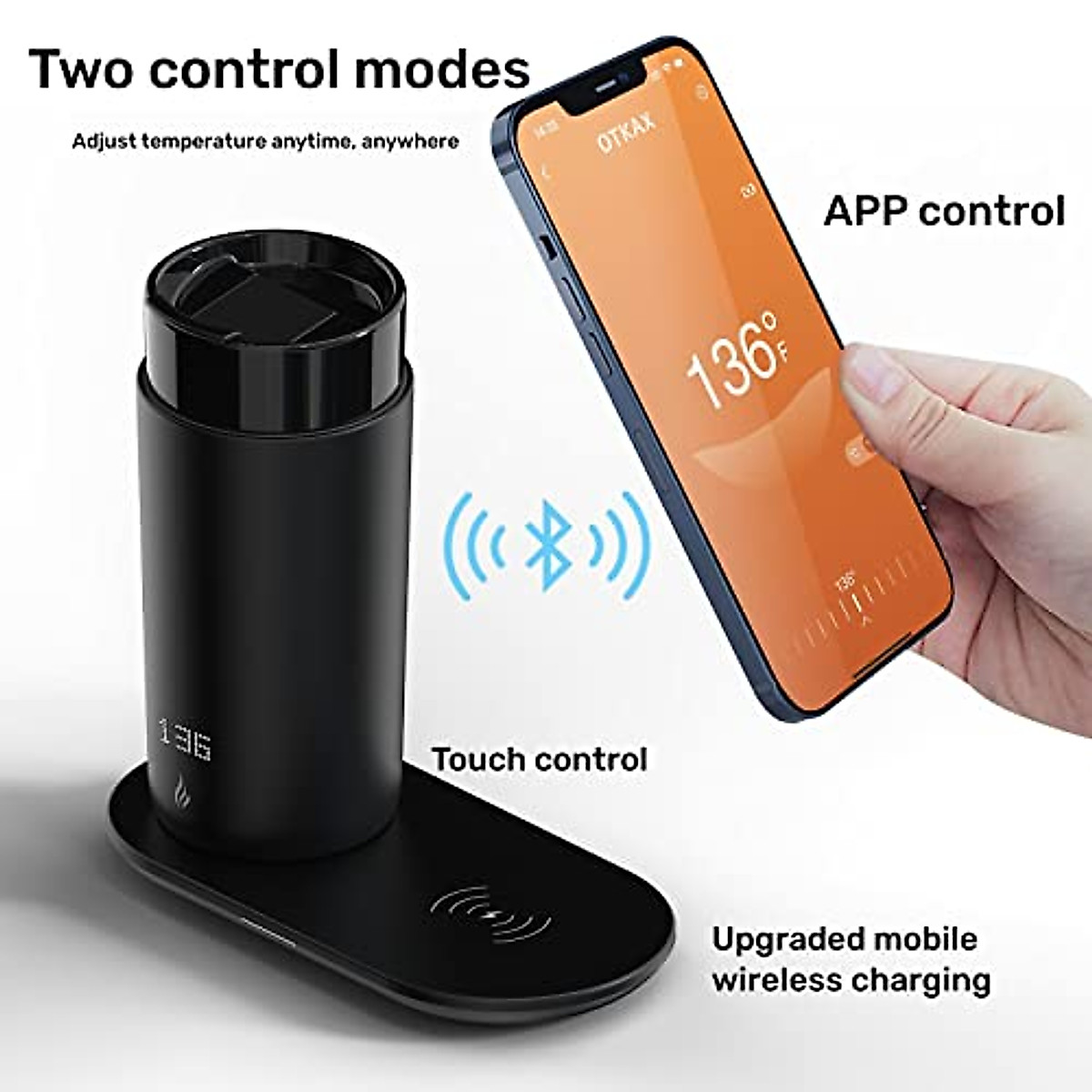 OTKAX Temperature Control Heated Coffee Mug Smart Self Heating Travel Coffee Mug 12 Oz App Controlled Warmer Mug 5 Hour LED Display Keep Coffee Hot All Day up to 149℉ Fast Wireless Charger Base