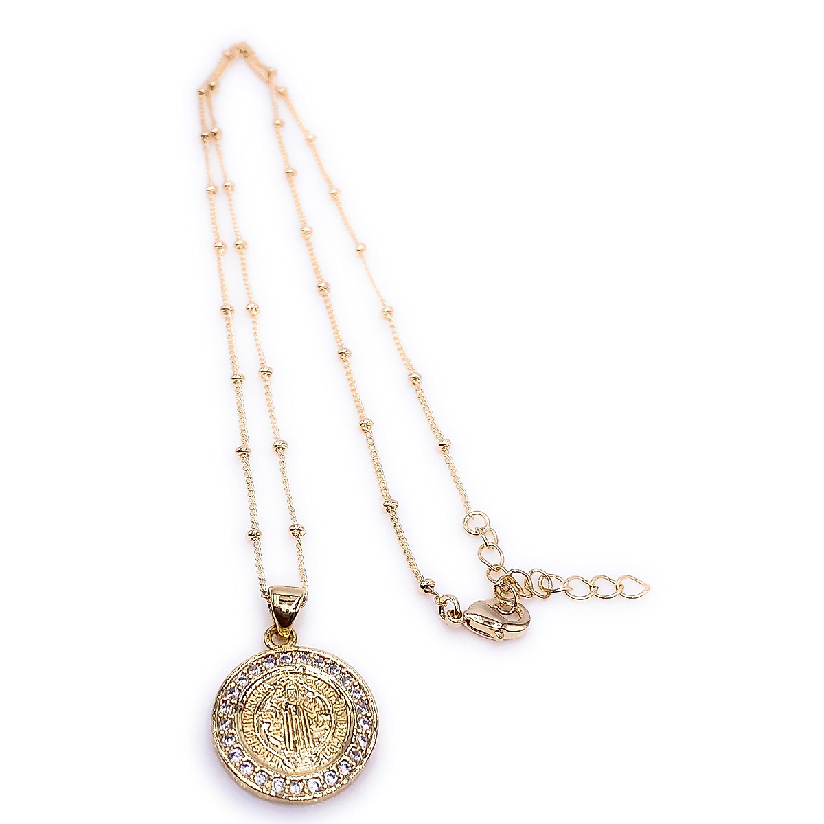 LESLIE BOULES 18K Gold Plated Saint Benedict Pendant Necklace Religious Jewelry for Women
