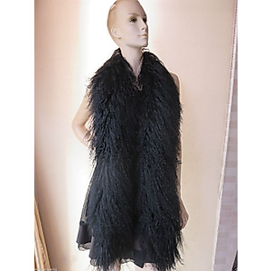 XUYUZUAU Real Mongolian Lamb Hair Scarf Wool Wraps Black Overlength Warm Black