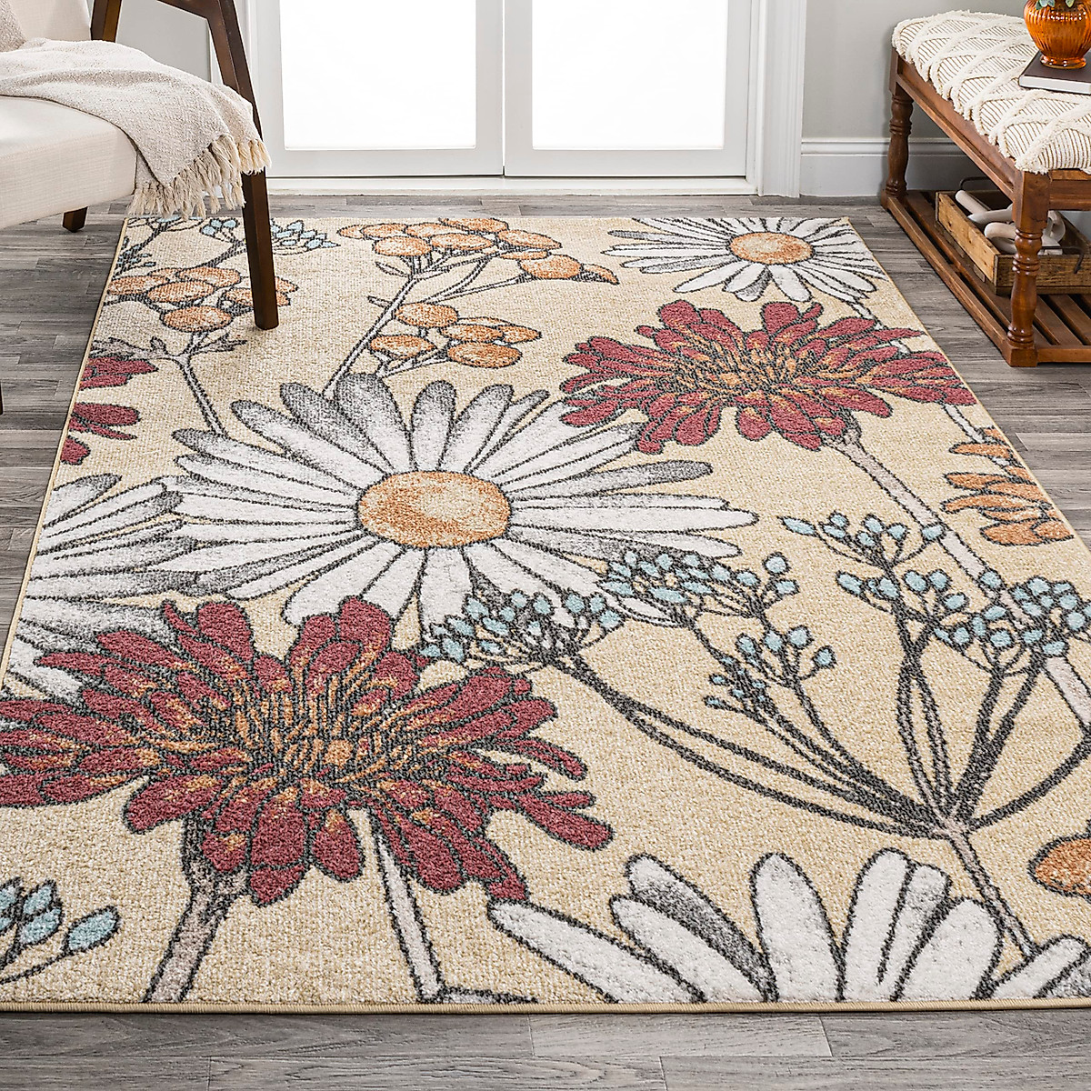 JONATHAN Y CTP203A-4 Dizi Modern Botanical Wildflower Indoor Area -Rug, Contemporary, Floral, Tropical Easy -Cleaning,Bedroom,Kitchen,Living Room,Non Shedding, Yellow/Ivory/Red, 4 X 6