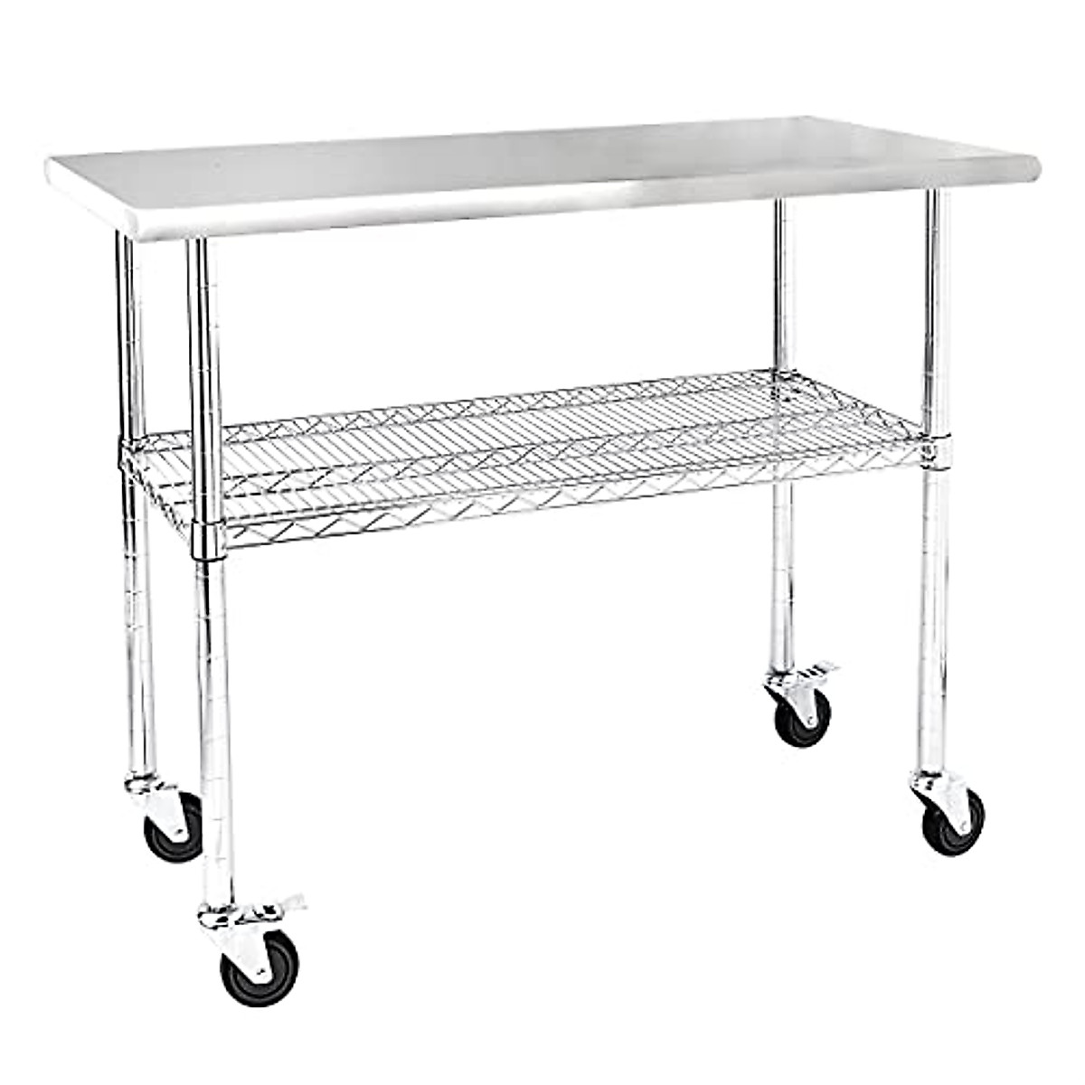 ROCKPOINT Stainless Steel Table for Prep & Work with Caster 49x24 Inches, NSF Metal Commercial Kitchen Table with Adjustable Wire Under Shelf and Table Foot for Restaurant, Home and Hotel