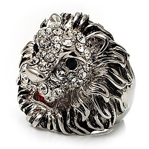 Avalaya Statement Rhodium Plated Crystal 'Lion' Ring - size 9