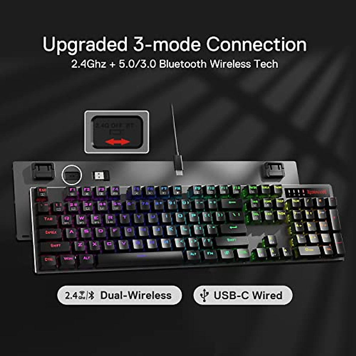 Redragon K556 PRO Upgraded Wireless RGB Gaming Keyboard, BT/2.4Ghz Tri ...