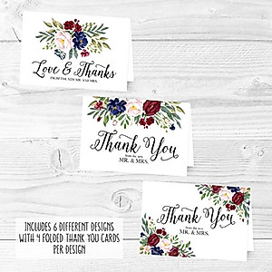 24 Floral Navy Burgundy Wedding Thank You Cards With Envelopes, Elegant Bridal Shower Thank You Note From The New Mr. & Mrs. Newlywed Wine Flower Gratitude Supplies, 4x6 Personalized Bulk Stationery