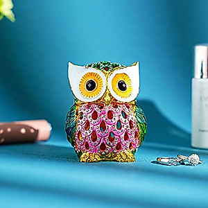 YU FENG 2.9inch Hollow Owl Trinket Box Hinged Hand-painted Enamel Jewelry Organizer with Crystals Ring Earrings Storage Novelty Animal Figurine Collectible
