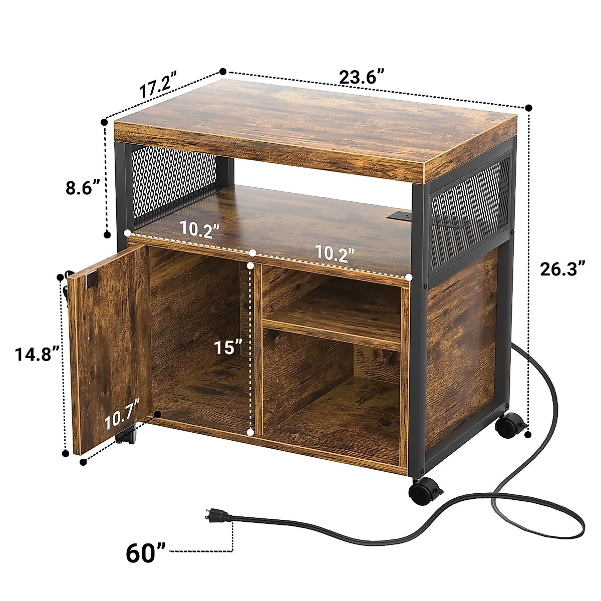 Unikito Lateral File Cabinet, Locking Office Filing Cabinets with Socket and USB Charging Port, Modern Rolling Printer Stand with Storage for A4, Letter Size and File Folders, Rustic Brown