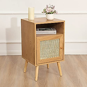 Xilingol Rattan Nightstand Set of 2, Boho Side Table with Handmade Rattan Decorated Door, Mid-Century Modern Nightstand with Open Storage Shelf for Bedroom, Living Room, Natural