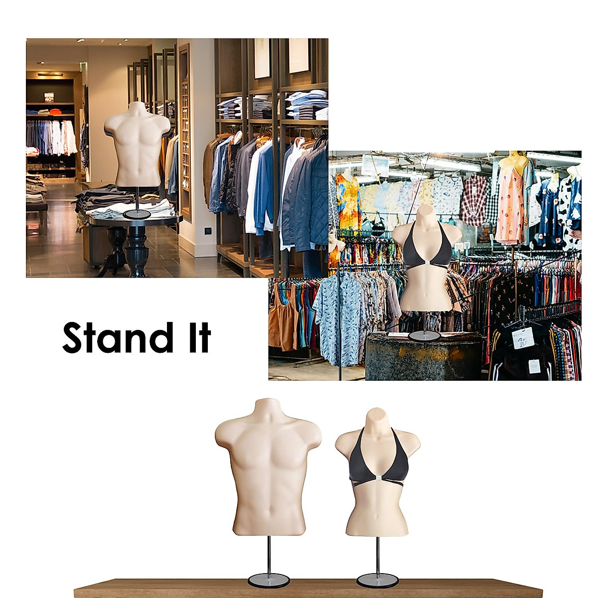 DisplayTown Flesh Male and Female Mannequin Torso with Metal Stand Hollow Back Body Stackable Dress Form for Tshirt Display, Countertop, Craft Shows, Photos and Design, S-M Clothing Size