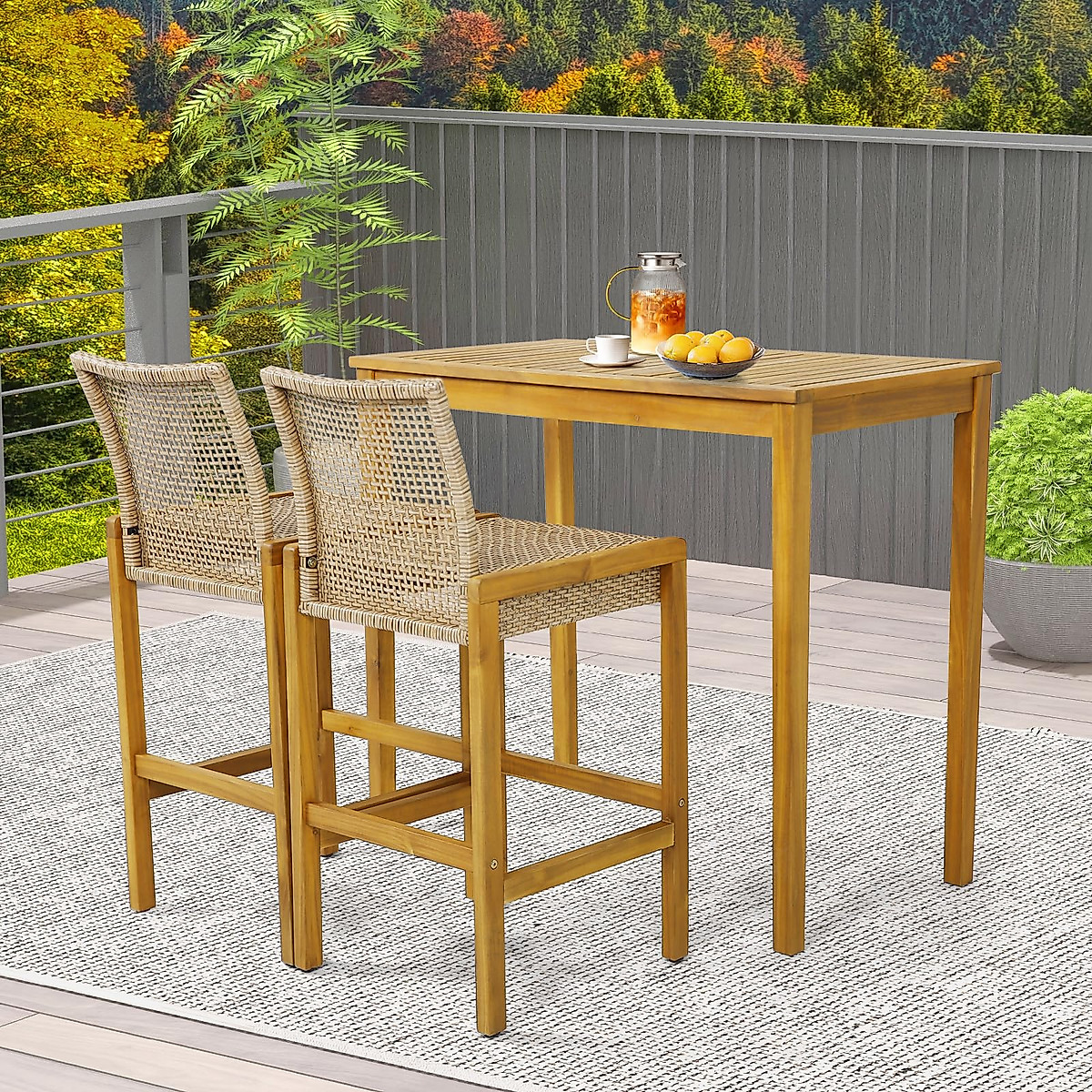 Tangkula Patio Wood Barstools Set of 2, PE Rattan Bar Height Chairs with Backrest, Stable Metal Frame, 400 lbs Max Load, Light Brown PE Wicker Bar Chairs for Porch, Backyard, Balcony (2)