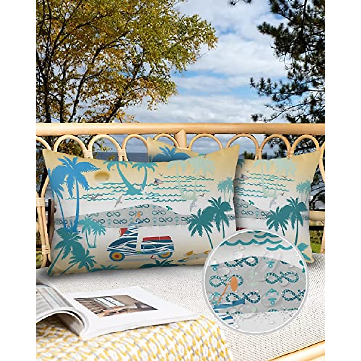 Edwiinsa Outdoor Pillow Covers Waterproof, Coconut Tree All Weather Cushion Case Set of 2, Summer Teal Moire Yellow Ombre Sunset Lumbar Pillowcase for Sofa Couch Bed Decor Patio Furniture 20"x12"