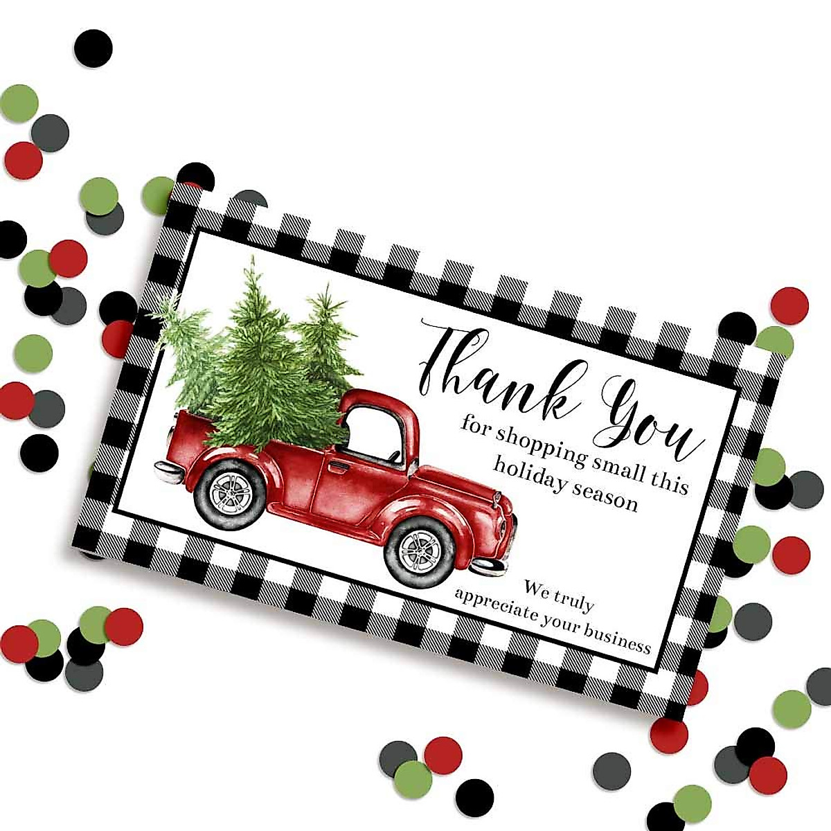 Black Buffalo Plaid Red Watercolor Pickup Truck Christmas Holiday Customer Appreciation Package Inserts for Small Businesses, 100 2" X 3.5” Single Sided Insert Cards