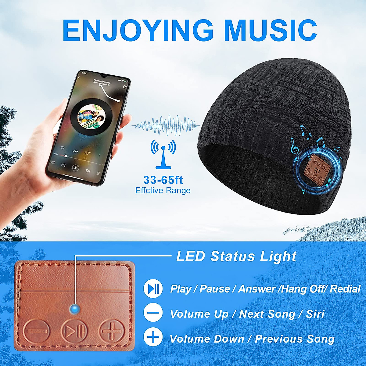 Bluetooth Beanie Hat Music Beanie for Men and Women Warm Knit Hats Built-in Detachable Stereo Speakers & Microphone Winter Cap Suitable for Running Hiking Tech Gifts for Teens Black