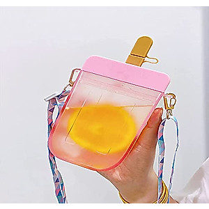 Cute Water Bottles with Straws,Creative Kawaii Popsicle Ice Cream Drink Water Bottles, Leakproof Plastic Transparent Water Jug 300ml Suitable for Kids Adults (pink)