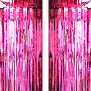 Hot Pink Tinsel Foil Fringe Curtains Decorations - Bachelorette Wedding Bridal Shower Girls Baby Shower Birthday Summer Party Photo Backdrops Props Decorations, 2pc