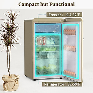 rosmena Retro Mini Fridge for Bedroom, 3.5 Cu.Ft Mini Fridge with Freezer, Mini Dorm Fridge with Thermostat Control, Small Fridge for Bedroom, Office, Dorm, Kitchen, Living Room(Gold)