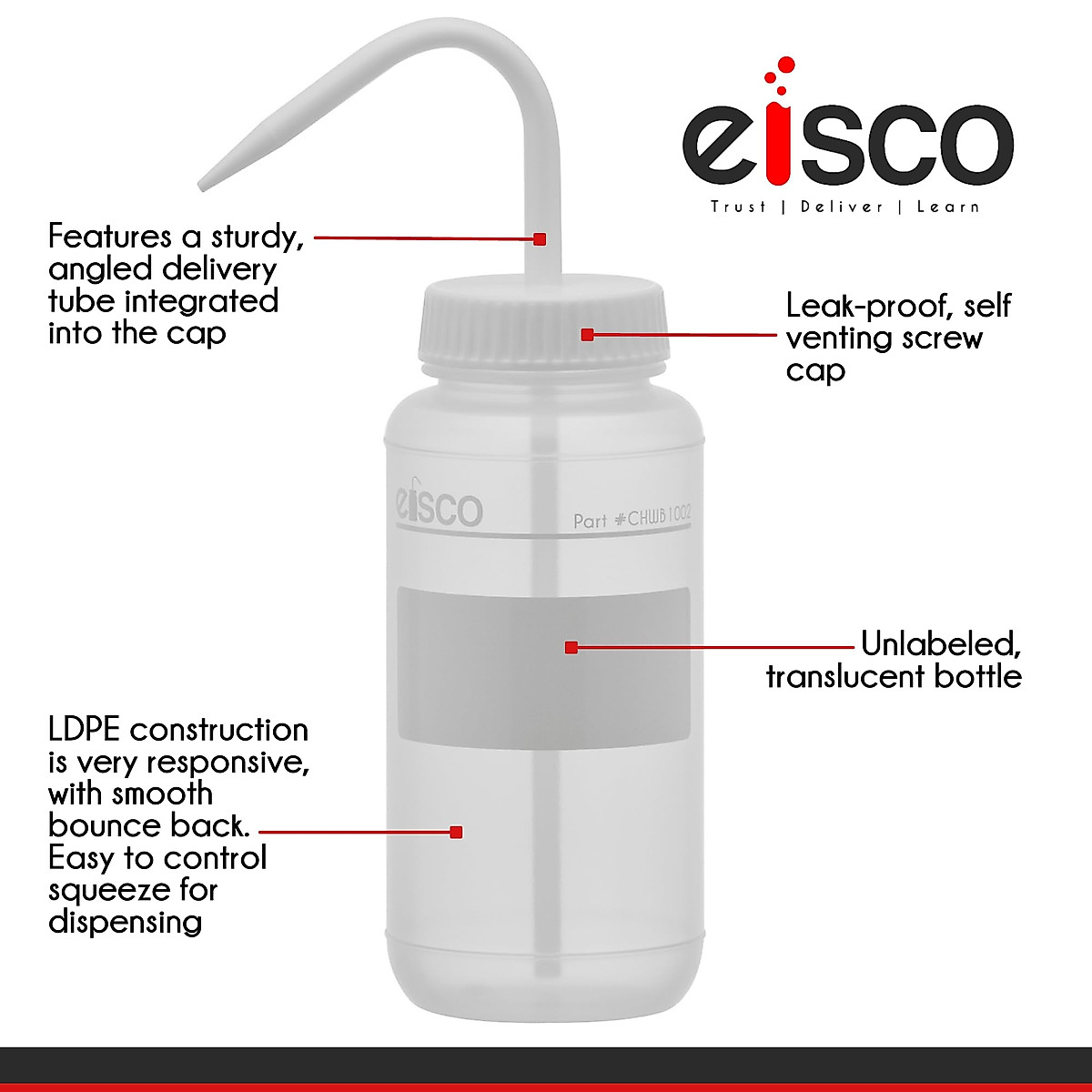 EISCO Chemical Wash Bottle, No Label, 500ml - Wide Mouth, Self Venting, Low Density Polyethylene - Performance Plastics Labs