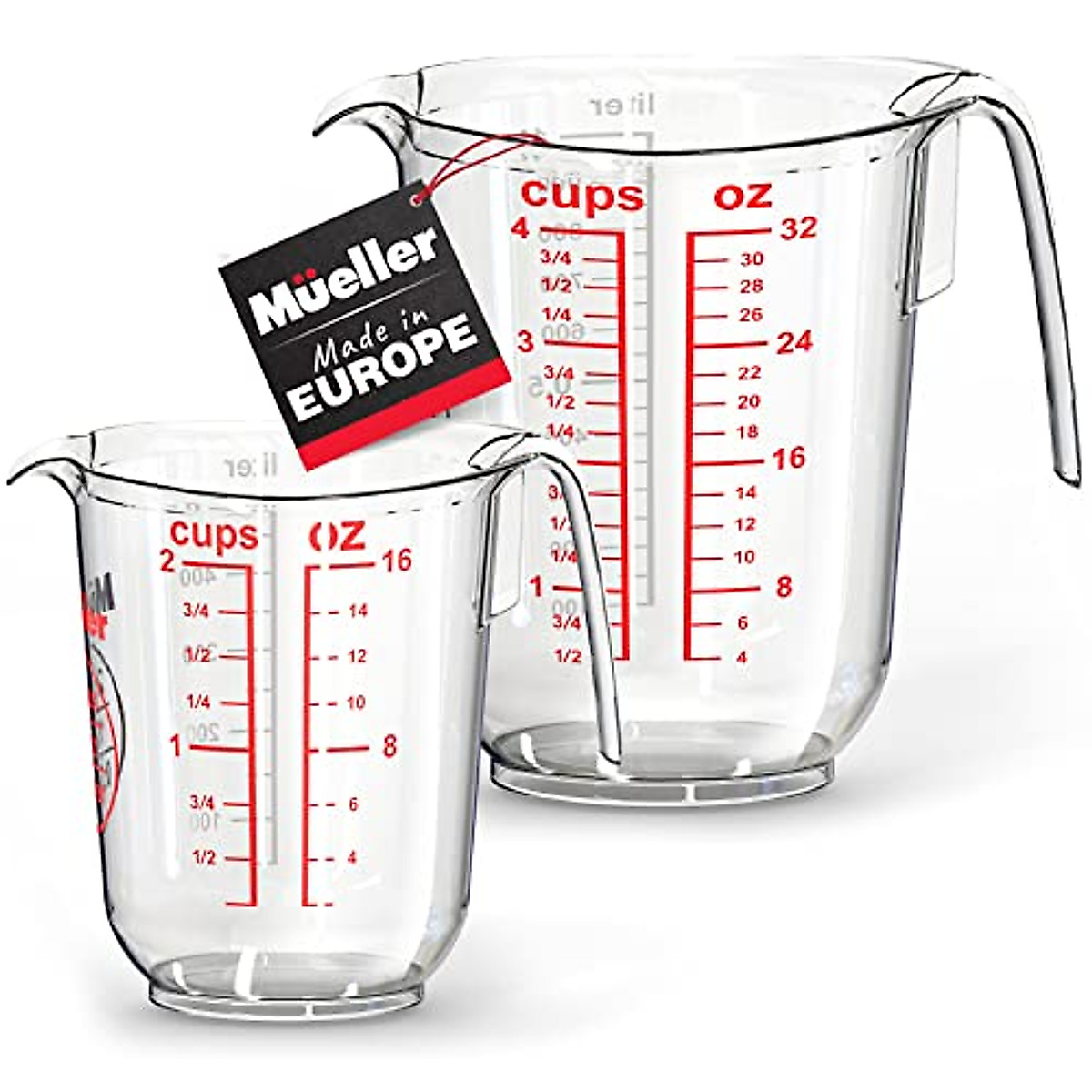 Mueller International Clear Measuring Cup Set – Two Piece Set 4 Cups/30 oz & 2 Cups/16 oz, Liquid and Dry Measuring Cups, Shutter-proof, European Made