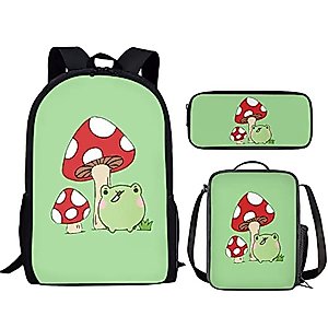 HUIACONG Mushroom Frog Kids School Bookbag for Boyss 6-8/10-12/11-13/12-14 +Lunchbox Pack+Pencil Case 3 Pieces Elementary School Bag 2Nd/ 3Rd/4Th/5Th 6th Grade Preschool Elementary Kids Bookbag