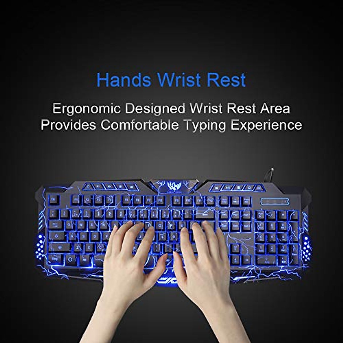 BlueFinger Backlit Gaming Keyboard and Mouse and LED Headset Combo,USB Wired 3 Color Crack Backlit Keyboard,Blue LED Light Gaming Headset,Gaming Keyboard Mouse Headphone Set for Work and Game