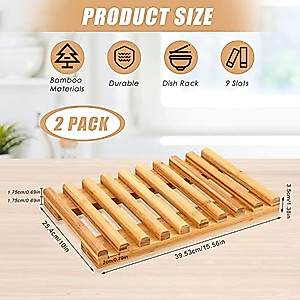 2 Pcs Bamboo Dish Rack 9 Slots Wooden Dish Drying Rack Regular Wood Plate Organizer for Cabinet Low Profile Plate Stand for Kitchen Display Countertop, 15.56 x 10 x 1.38 Inch, 0.8" Holder Width