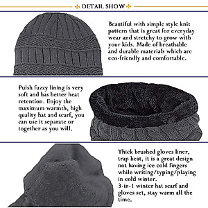 T WILKER 3Pcs Boys&Girls Winter Knit Hats Neck Warmer Scarf and Touch Screen Gloves Ski Beanie Cap Scarves and Gloves Set for Kids (Gray)