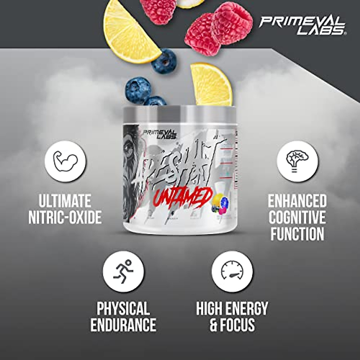 Primeval Labs Ape Untamed Pre Workout Energy Drink Powder, 40 Servings Smashberry | Max Support for Pumps & Focus | Increased Performance | Nitric Oxide Production with L-Citrulline, Beta Alanine