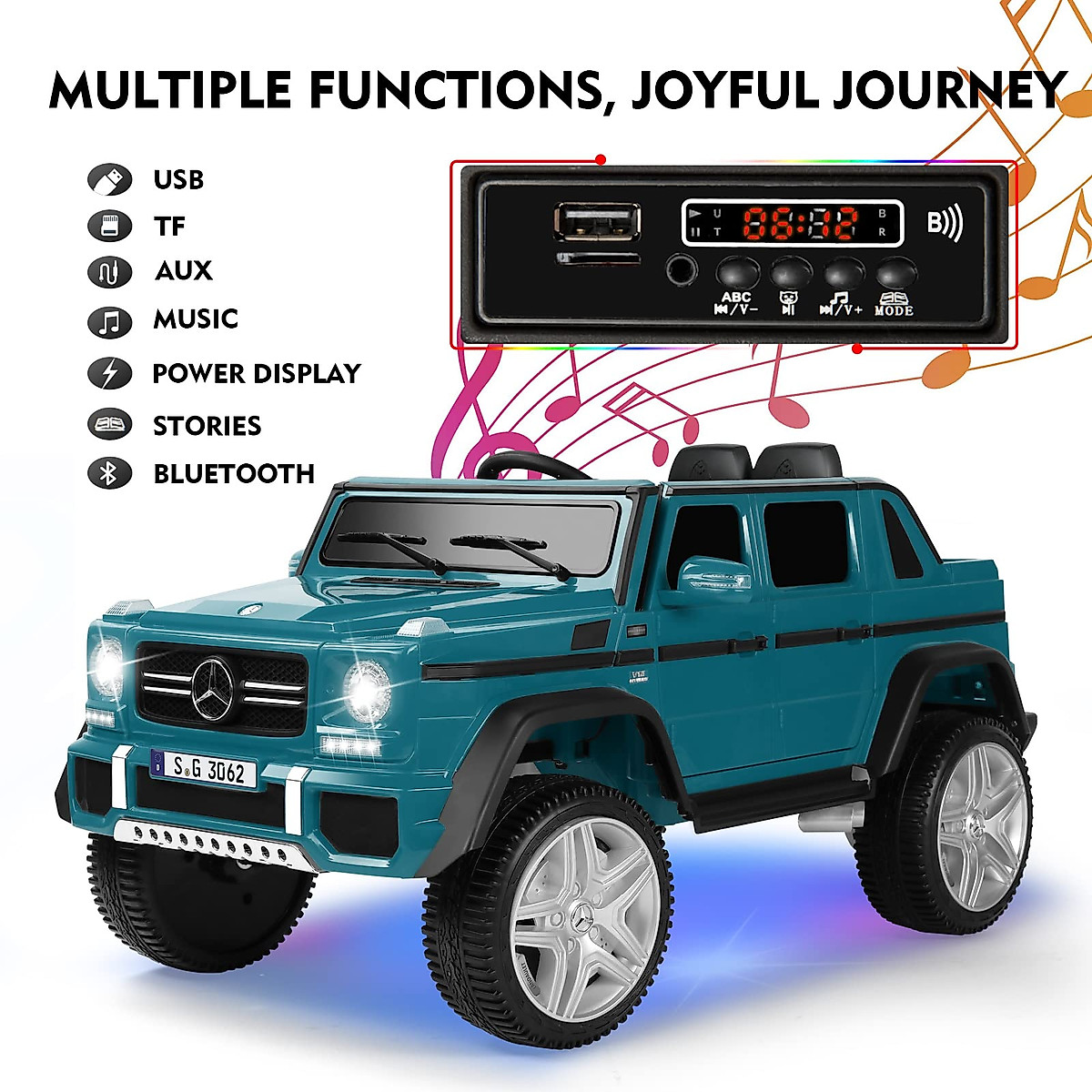 JOYLDIAS Kids Ride On Cars, Licensed Mercedes-Benz Maybach G650S, 12V7A Battery Powered Toy Electric Car for Kids w/2.4G Remote Control, 2 Motors, 3 Speeds, Music, Horn, LED Lights, Peacock Blue